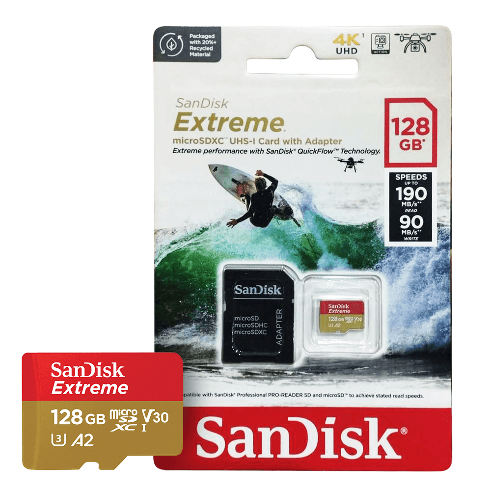 MicroSDXC 128Gb SanDisk Extreme 190Mb UHS-I / V30 - eMania Foto e Video