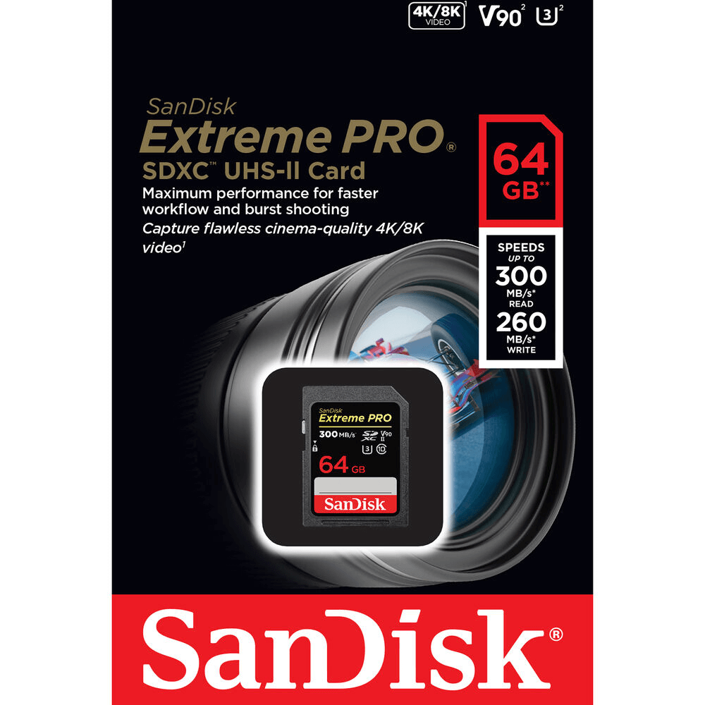 Cartão SDXC 64Gb SanDisk Extreme Pro 8K 300Mb/s - eMania Foto e Video