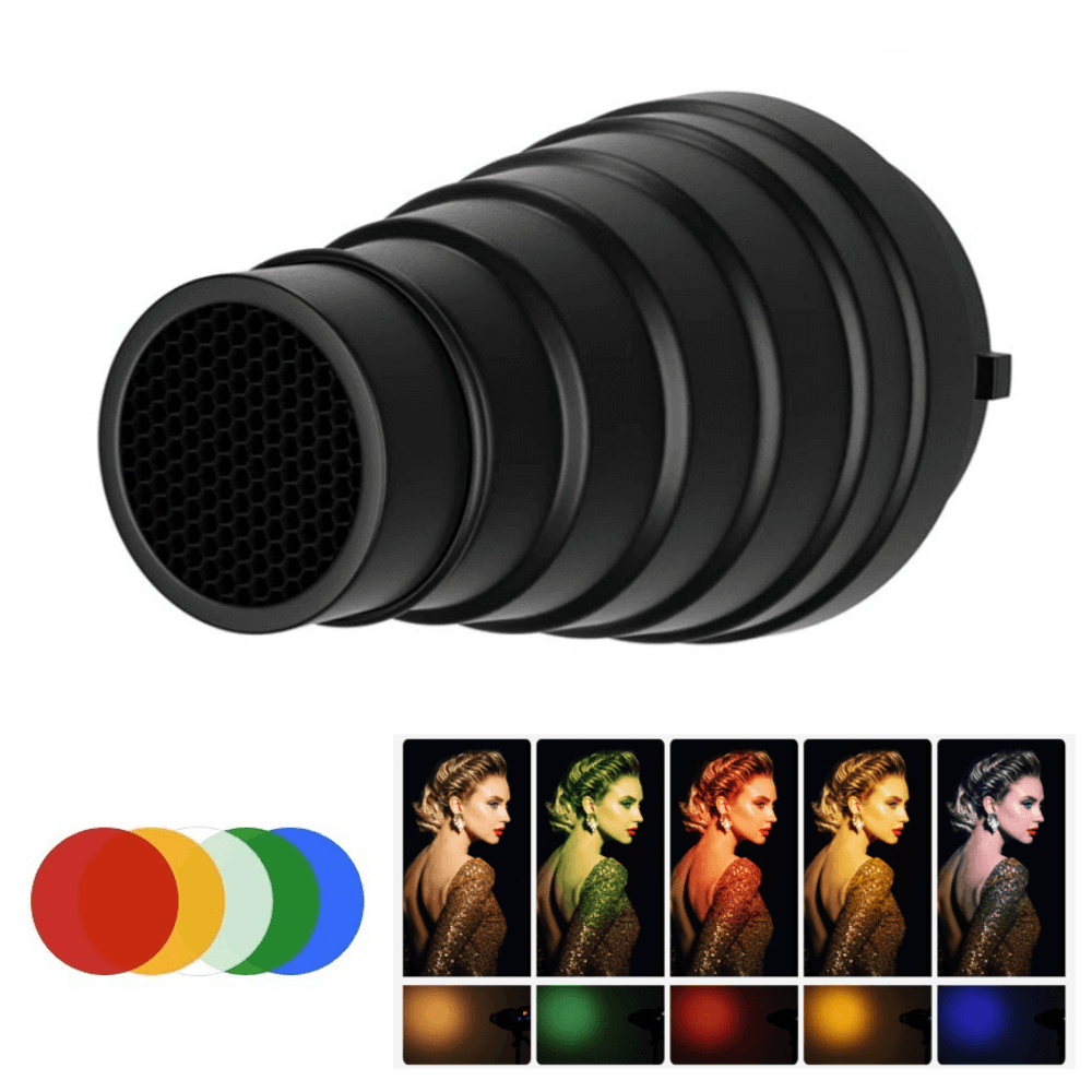 Cone Snoot Refletor Bowens com Grid Colmeia - eMania Foto e Video